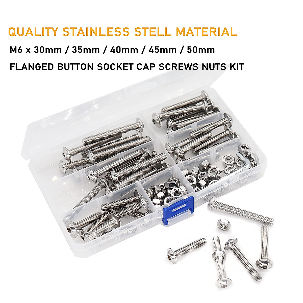 80pcs M6 x 30mm/ 35mm/ 40mm/ 45mm/ 50mm Flanged Button Head Hex Socket Cap Screws Nuts Assortment Kit, 80pcs, Allen Socket Drive, A2-70/18-8/304 Stainless Steel, Full Thread, Plain Finish