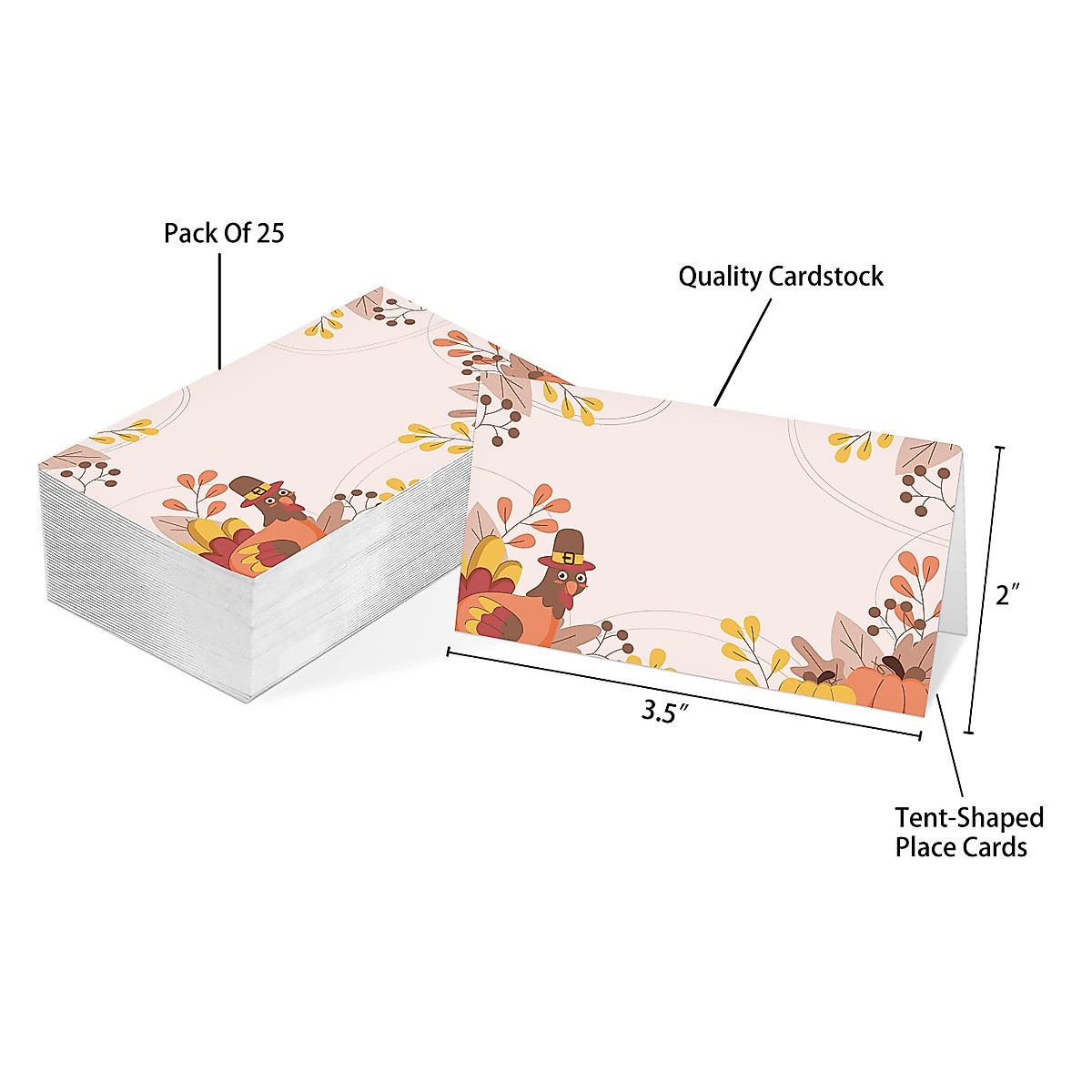 Table Place Card, Fall Thanksgiving Themed Tent Style Cards, Pack of 25 Half-Fold Reception Place Card with Turkey, Perfect for Thanksgiving Dinner, Party, Birthday, Wedding, Banquet A12