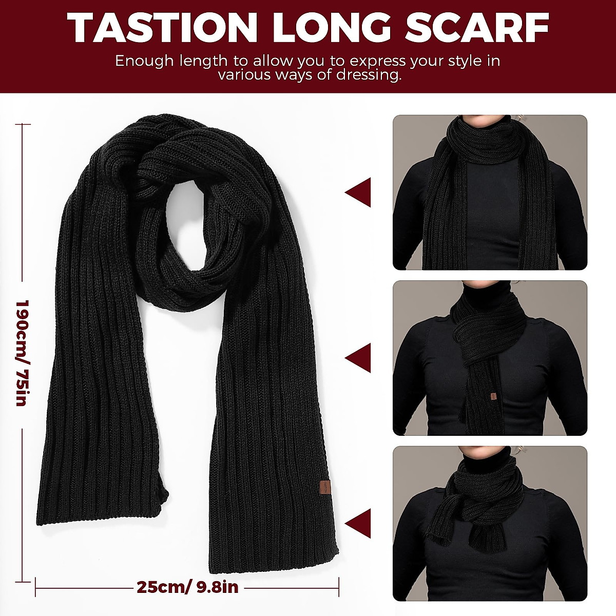 Winter Beanie Hat Scarf Gloves Set for Women, Womens Beanie Hat with Detachable Pom Pom Scarf Neck Warmer Touchscreen Gloves 3 in 1 Set（Black）