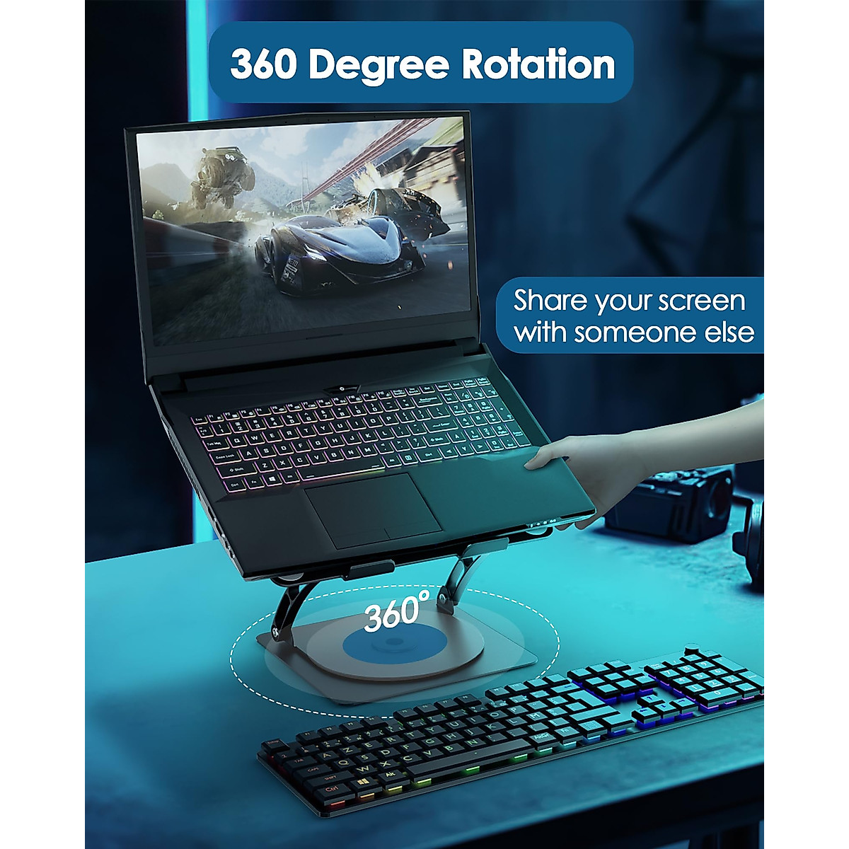 SHUWEI Gaming Laptop Cooling Pad with 360° Rotation Base, Ergonimic Aluminum Laptop Cooling Stand with 3 Speed Fan, Adjustable Height Laptop Cooling Pad for 10-17.3'' Notebook - Black