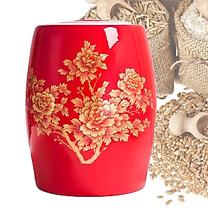 Ceramic Rice Storage Container 5KG/10KG/15KG/25KG Airtight Rice Dispenser with Lid Cereal Containers Large Rice Jar for Rice Noodles Snacks(Red,10KG)