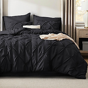 Bedsure Full Comforter Set Black - Bed in a Bag Full Size 7 Pieces, GentleSoft™ Pintuck Bed Set Gift for Family, Pinch Pleat Black Comforter with Sheets, Pillowcases & Shams