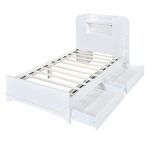 Brisca Twin Size Storage Platform Bed Frame with Two Drawers and Light Strip,Headboard W/ 3 Storage Shelves,for Bedroom,Apartment,Guest Room,White
