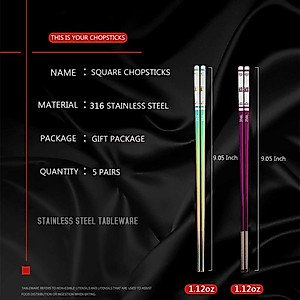 Hvanam 5 PaIrs Color 316 Stainless Steel 18/10 Reusable Chopsticks Set With Case Rainbow Multicolor Non-Slip Chopsticks Black Purple Gold Colored Blue For Dining Sushi Noodle Hot Pot,Dishwasher Safe