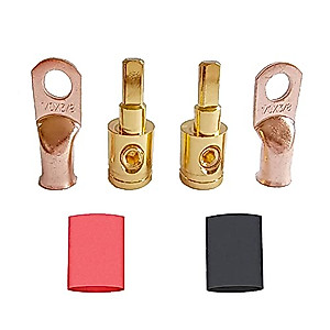 2Pairs of Car Audio 1/0 Gauge to 4 Gauge Amp Input Reducers (Gold), with AWG 1/0-3/8 inch Battery Terminal Connector and Heat Shrink tubing