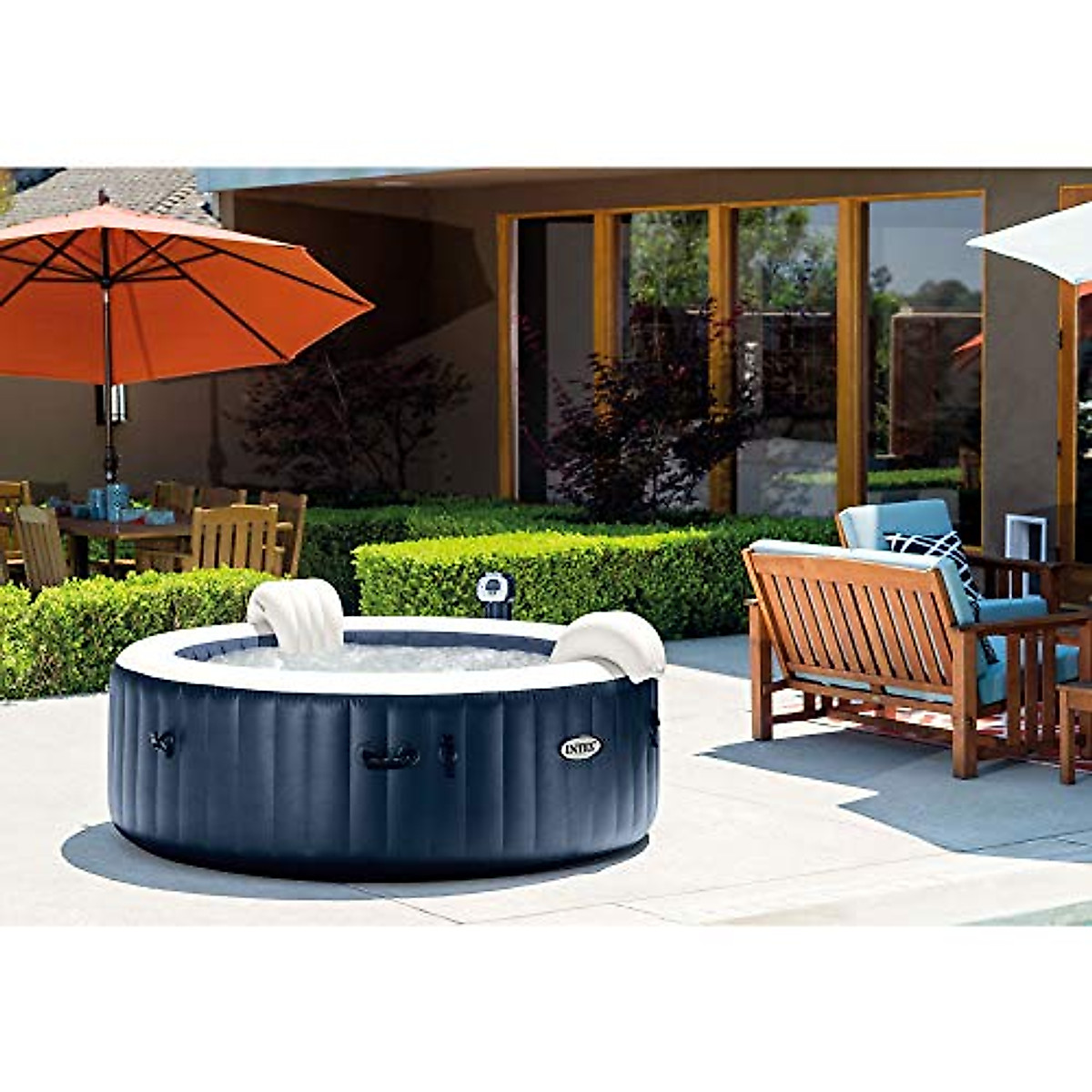 Intex 28409E PureSpa 6 Person Home Inflatable Portable Heated Round Hot Tub Spa 85-inch x 28-inch with 170 Bubble Jets and Built in Heat Pump, Blue