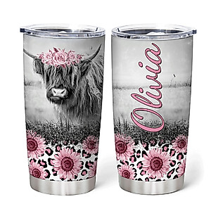 Hyturtle Personalized Gifts For Cow Lover - Birthday Christmas - Highland Cow Print Custom Name Stainless Steel Tumbler 20oz With Straw Lid - Farm Lover Gifts For Her Women Girl Daughter Friend