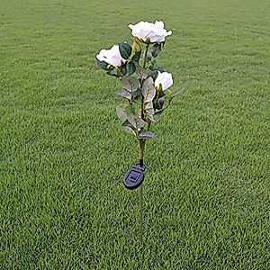 Rose Flower Solar Light, 3 Head White Rose Flower Solar Light Led Decorative Outdoor Lawn Lamp Home Garden Fake Flower Night Light-White
