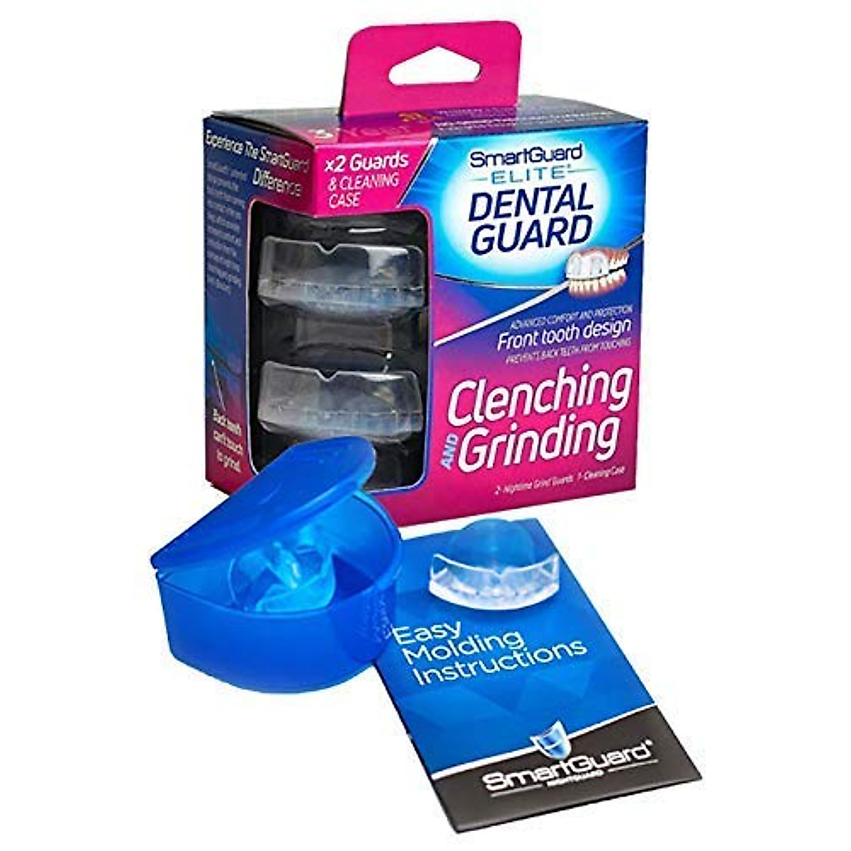 SMARTGUARD ELITE (2 Guards 1 Travel case) Front tooth Custom Anti Teeth Grinding Night Guard for Clenching - Dentist Designed - Bruxing Splint Mouth Protector for Relief of Symptoms