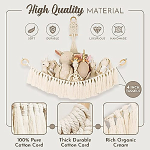 Macrame Stuffed Animal Hammock - Wall Hanging Toy Net with Hand-Made Tassels - Plushie Storage Organizer - Boho/Bohemian Nursery, Kids Room, Playroom & Home Decor.