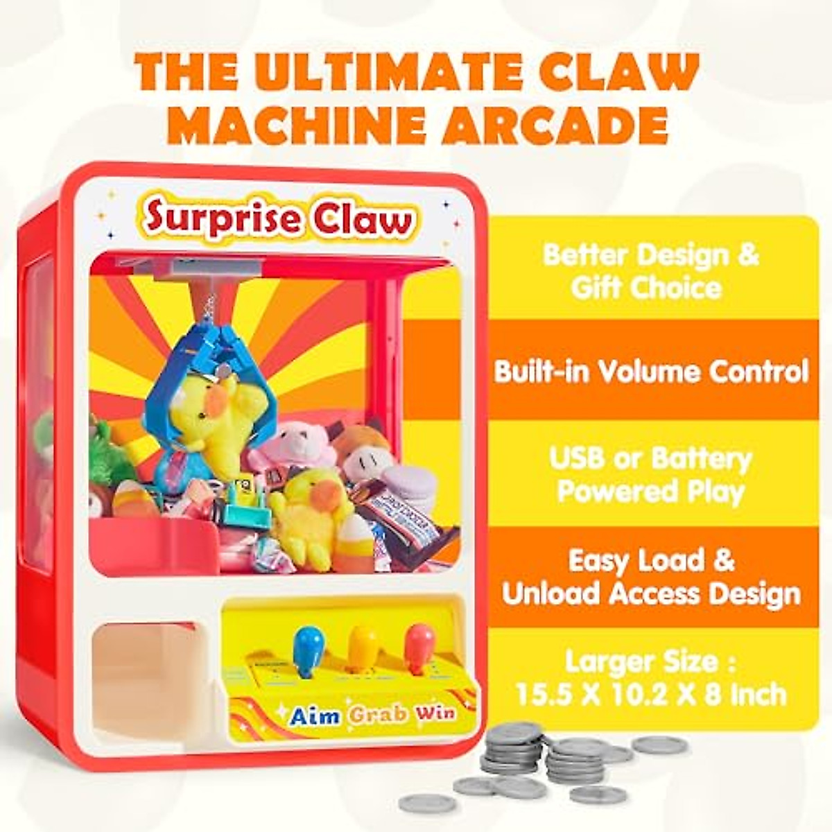 JOYIN Claw Machine Arcade Toy with LED Light & Adjustable Sound, Rechargable Dispenser Toys Mini Vending Machine for Kids - Perfect Christmas & Birthday Big Gifts for Kids, Ages 3+