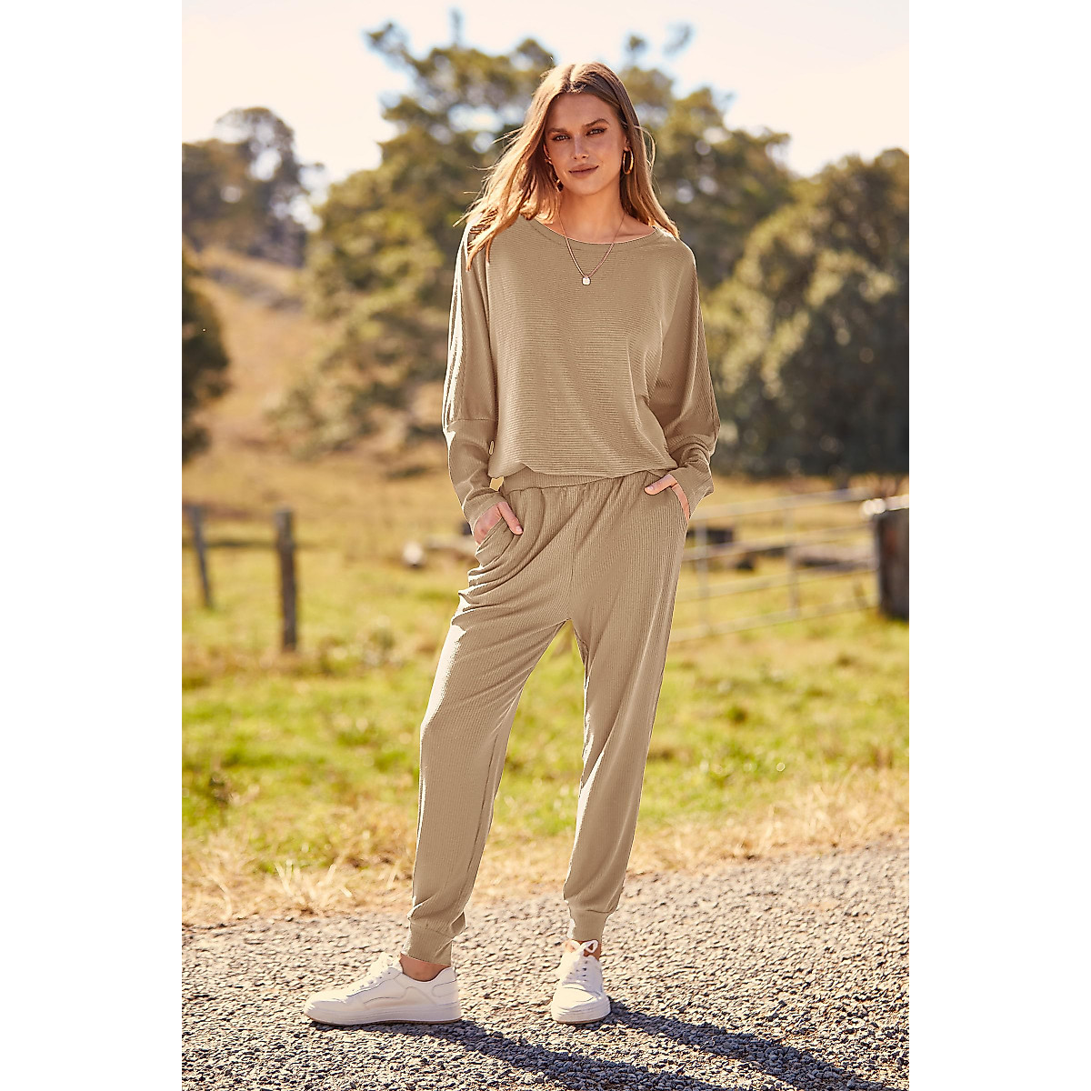PRETTYGARDEN Women's Fall Fashion Outfits 2 Piece Sweatsuit Long Sleeve Pullover Long Pants Ribbed Matching Lounge Set (Khaki,Medium)
