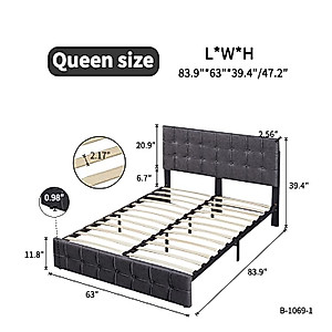 Full/King/Queen Size,Upholstered Platform Bed Frame with Adjustable Headboard,Square Stitched Button Mattress Foundation w/Wood Slats,No Box Spring Needed (Dark Grey, Queen (U.S. Standard))
