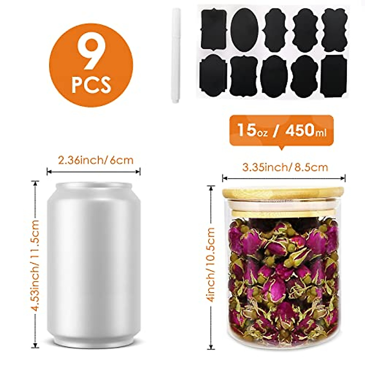 Hoanra 15oz Glass Jars with Airtight Bamboo Lids, Small Food Storage Containers, for Kitchen Pantry Organization Tea Coffee Candy Cookies Nuts（9 Pack）