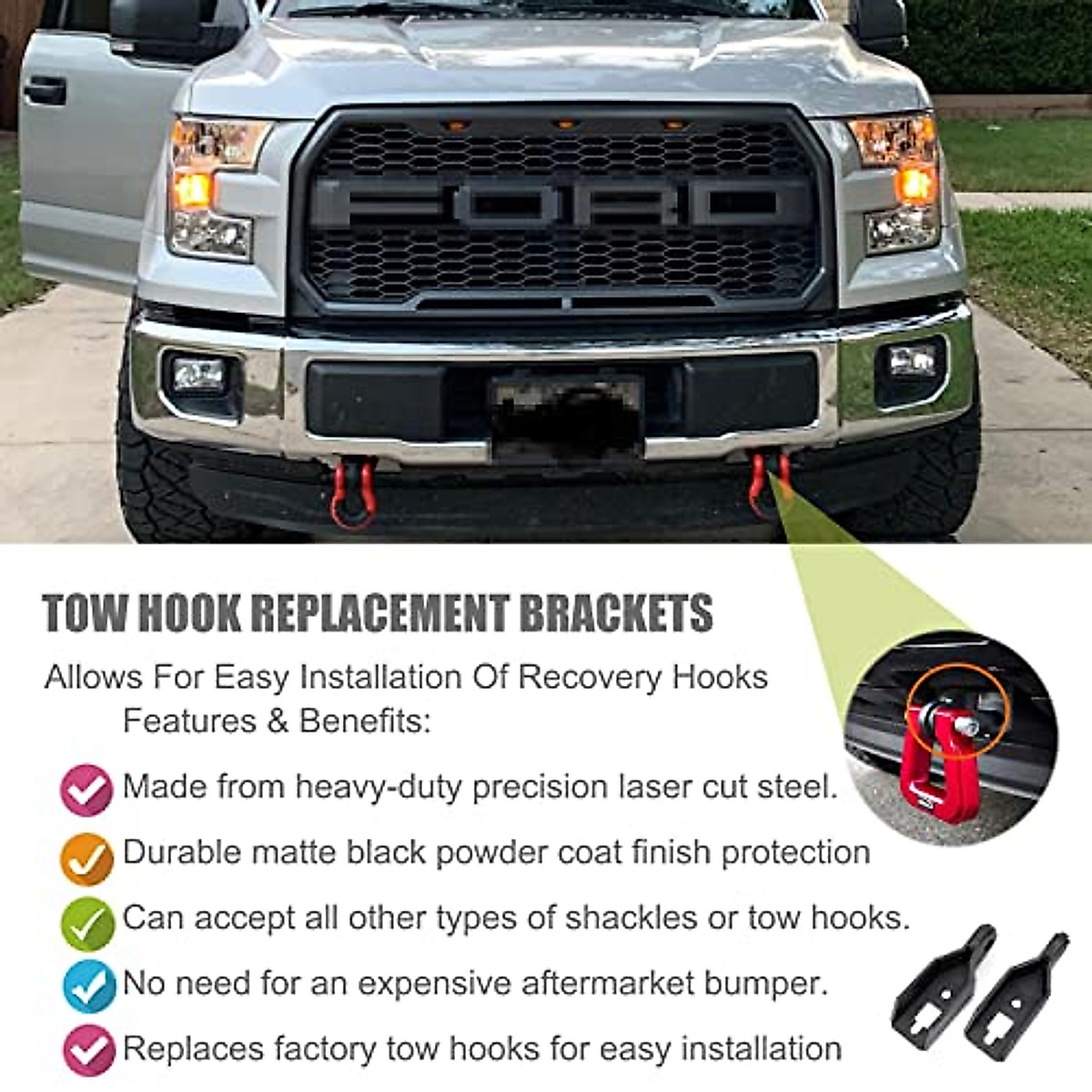 Demon Hook Bracket Compatible with 2009-2020 Ford F-150 Front Tow Hook D Ring Shackle Bracket, Tow Hook Shackle Mount Kit - Black