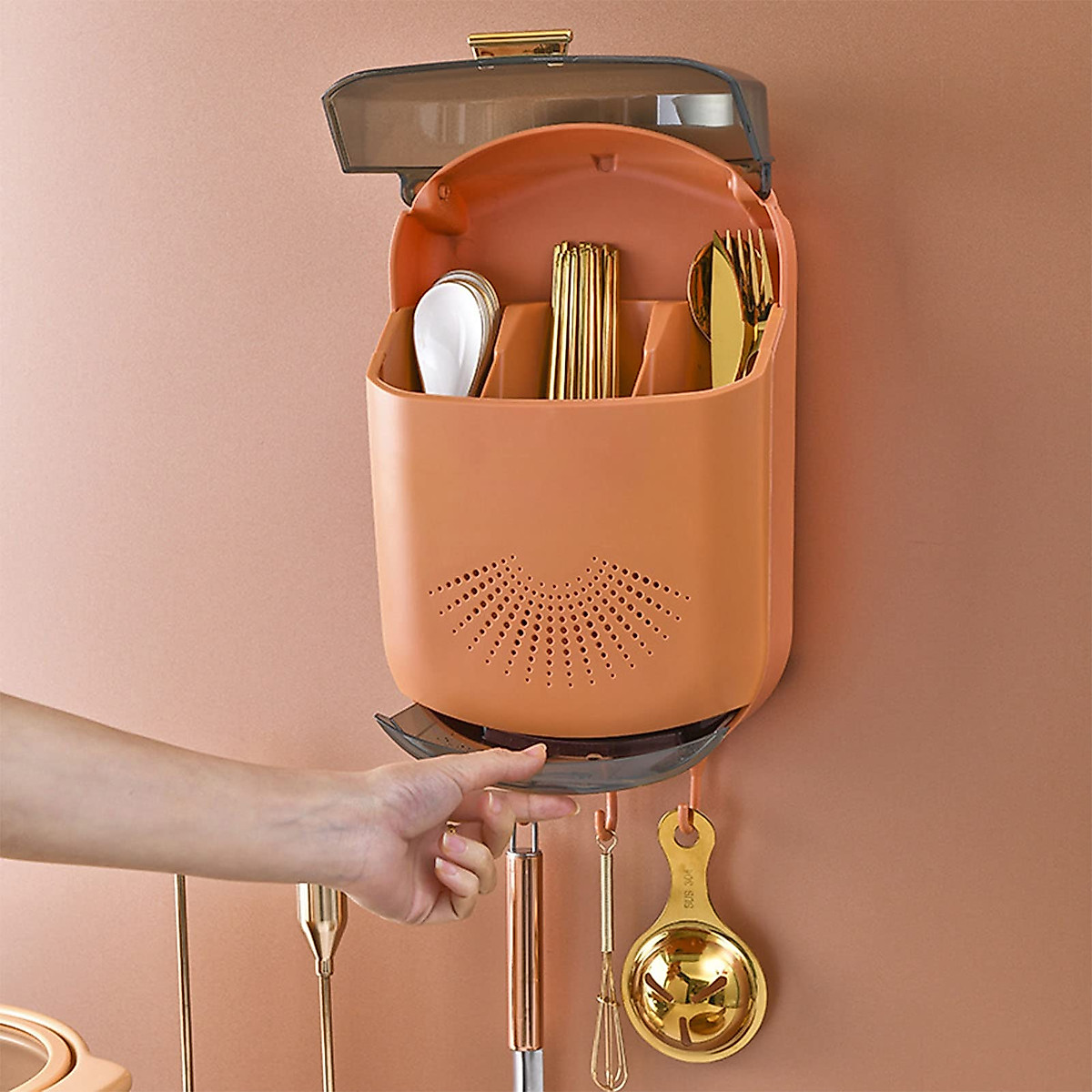 Tableware Storage, 3 Compartments Cabinet & Drawer Organization Flatware Organizers Large Capacity Draining Utensil Storage Box With Cover Wall Mounted Chopsticks Holder Dust (Orange)