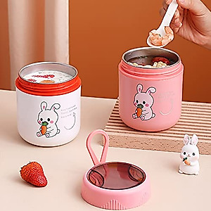 Yanglonghui Thermos with Foldable Spoon, Stainless Steel Thermal Food Container Soup Cup Leak Proof Insulated Lunch Box Hot Cold Food for Office Picnic Travel (White)