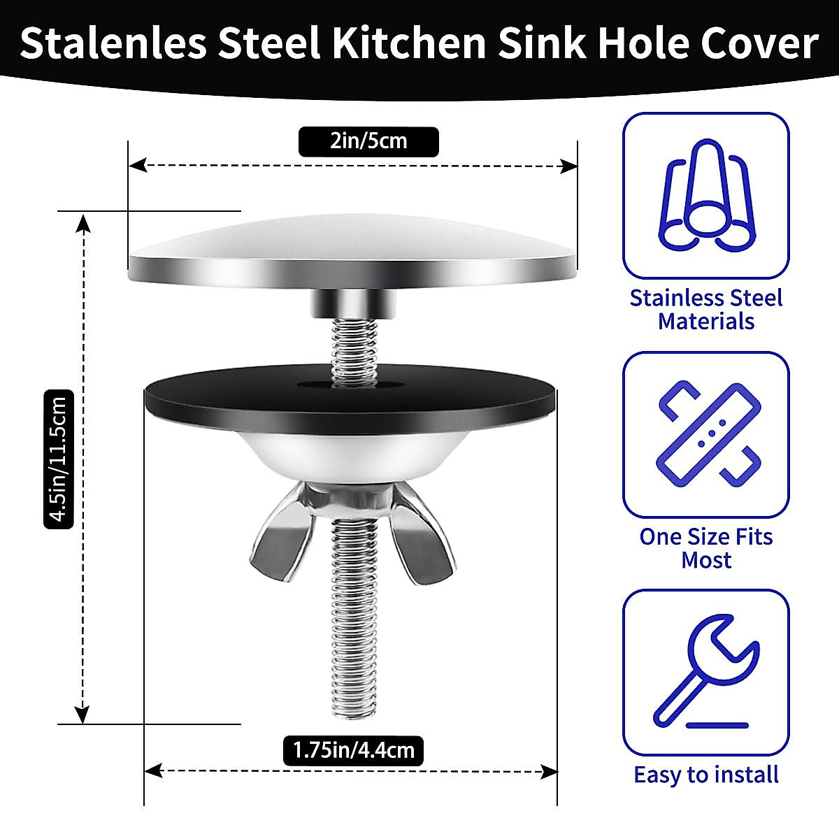 2 Inch Kitchen Sink Hole Covers, Faucet Hole Cover Stainless Steel Wash Basin Kitchen Sink Tap Hole Plate Stopper, Sealed Decoration Hole Cover (Silver)
