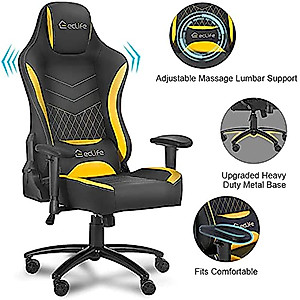 Gaming Chair Racing Massage Computer Chair - Cushioned Comfort High Back PU Leather USB Vibrator Ergonomic Recliner Home Office Video Game for Kids for Gift (Yellow, D06-M)