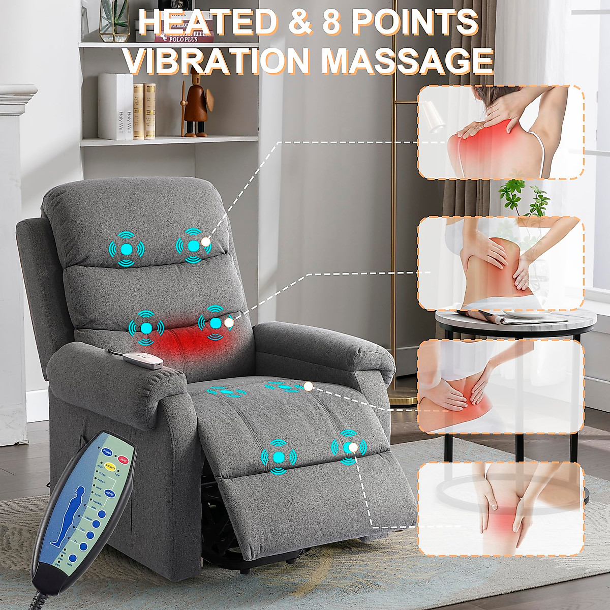 URRED Power Lift Recliner Chair Sofa with Vibration Massage and Lumbar Heat, Designed for Elderly, Infinite Positions, Lumbar Pillow, Side Pockets, USB Ports (Gray)