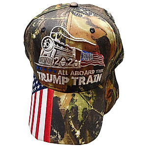 All Aboard The Trump Train 2020 Woodland Camo USA Flag Bill Embroidered Hat Cap