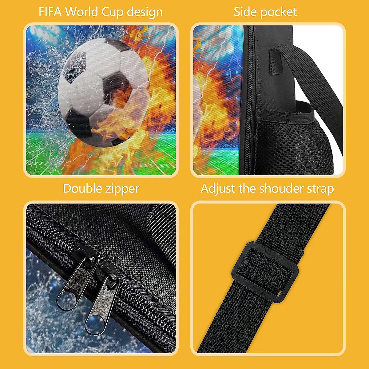 PAUSEBOLL Soccer Unisex Lunch Bag, 10.5 x 8 x 4.5 in, Oxford Cloth with EVA Lining, Adjustable Shoulder Strap, Mesh Pocket, Lightweight, Reusable, Waterproof