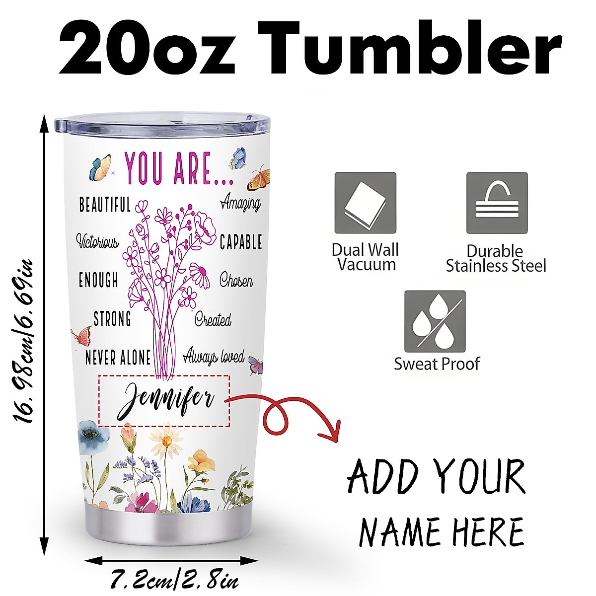 Inspirational Christian Tumbler With Name, 20 oz, Floral Design with Butterflies, Personalized Double Wall Insulated Travel Cups