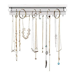 Rustic White Necklace Jewelry Organizer - Wall Mount Jewelry Holder - Mounted Hanging Jewelry Storage Hooks for Necklace, Earrings, and Rings - Farmhouse Wood Decor Bedroom Boho Shelf Rack