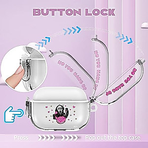 【with Lock】 for Airpods Pro 2/Pro Case, Scream & Ghost AirPods Pro 2nd/1st Generation Case Clear PC Hard Cover + Soft Silicone Inner Double Protection with Charm& Lanyard& Keychain for Women Girls