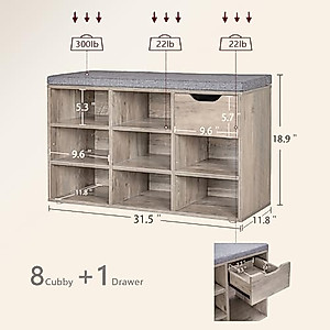 DINZI LVJ Shoe Bench,Entryway Storage Bench with Drawer and 8 Cubbies,Cubby Rack Adjustable Shelves,Shoe Organizer Cabinet for Living Room,Bedroom,Mudroom,Closet Garage,Greige (M04XD01XY01-1)