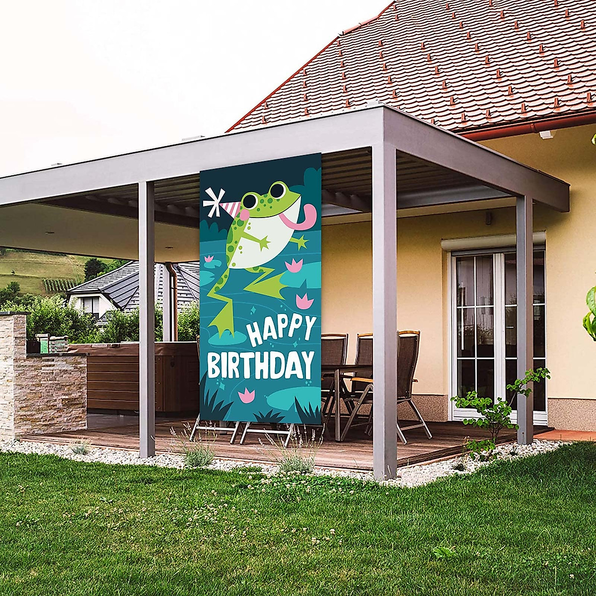 Cute Cartoon Green Frog Happy Birthday Banner Decorations Reptile Animals Theme Decor for Girls Boys Prince Princess 1st Birthday Party Baby Shower Supplies Photo Booth Props