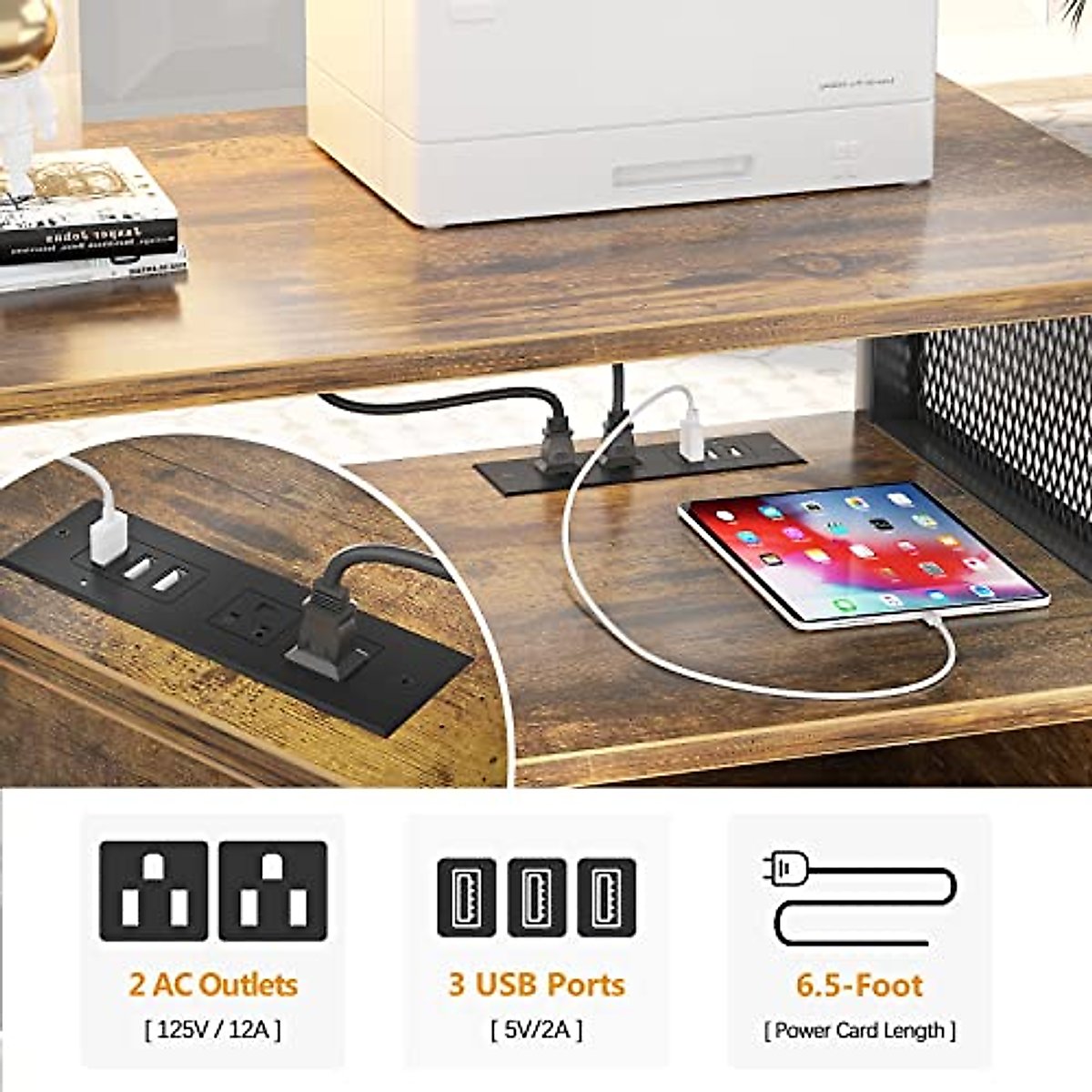 Unikito Lateral File Cabinet, Locking Office Filing Cabinets with Socket and USB Charging Port, Modern Rolling Printer Stand with Storage for A4, Letter Size and File Folders, Rustic Brown