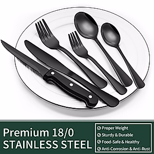48-Piece Black Silverware Set with Organizer, Black Flatware Set with Steak Knives for 8, Food-Grade Stainless Steel Tableware Cutlery Set, Mirror Finished Utensil Sets for Home Restaurant
