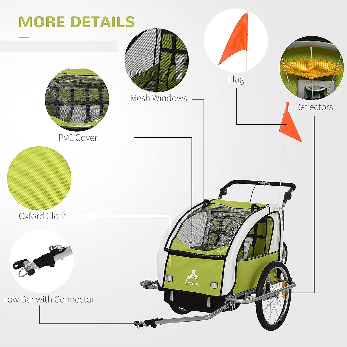 Aosom Elite 360 Swivel Bike Trailer for Kids Double Child Two-Wheel Bicycle Cargo Trailer with 2 Security Harnesses, Green