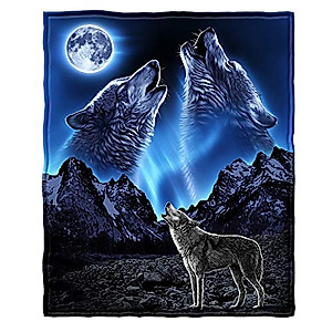 Dawhud Direct II Howling Wolf Fleece Blanket for Bed, 75" x 90" Queen Size Wolf Fleece Throw Blanket for Men, Women, Adults, Teen and Kids - Super Soft Plush Wolf Blanket Throw Native American Decor
