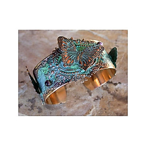 Elaine Coyne Collectible Artwear Verdigris Patina Victorian Butterfly Motif Cuff Bracelet - Amethyst, Carnelian - USA Made