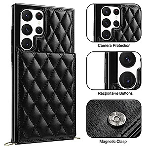 Coolden for Galaxy S22 Ultra Cases 6.8" Quilted Leather Women Luxury Phone Cover Crossbody Strap Kickstand Slim Square Armor Card Holder Slots Wallet Case for Samsung S22 Ultra, Black