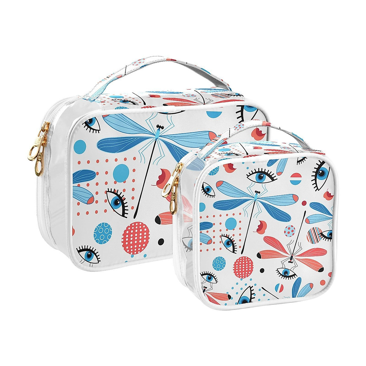 Dragonfly Eyes 2 Pieces Clear Makeup Cosmetic Toiletry Bags for Women PVC Waterproof Portable Travel Storage Carry Pouch with Gold Zippers Organizer Case for Traveling Vacation Bathroom Organizing