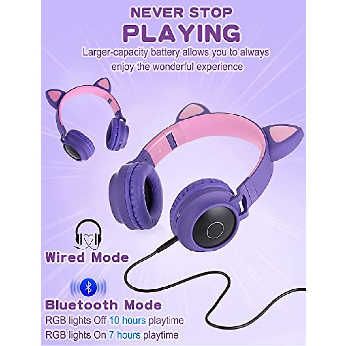 Usoun Kids Wireless Headphones,Cat Ear LED Light Up Wireless Foldable Headphones Over Ear with MIC,Stereo Sound,FM Radio/TF Card,Childrens Headset for Boys Girls Adults,School Study Home (Purple)