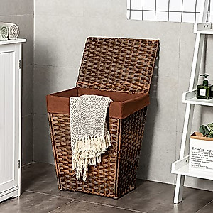 Giantex Laundry Hamper with Lid, Foldable Laundry Basket w/Removable Liner Bag, Handwoven Rattan Clothes Hamper w/Handles Anti-skid Pads for Living Room Laundry (Brown)