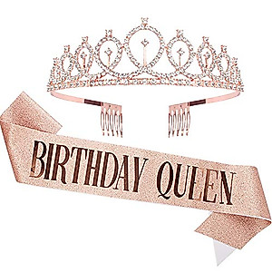 CAVETEE Birthday Crown and Sash for Women Birthday Queen Sash & Rhinestone Tiara Set and Sashes for Decorations Rose Gold Birthday Queen