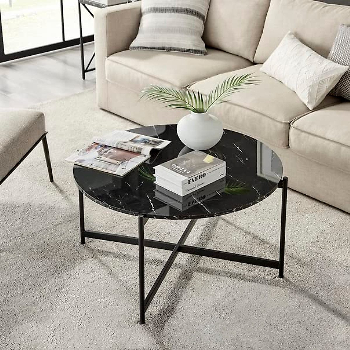 Danya B. Round Contemporary Marble Finish Veneer Top Black Metal Large Coffee Table - White or Black Marble (Black Marble)