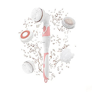 Brookstone 6 Piece Electric Body Bath Brush | Long Handled Body Scrubber and Facial Cleansing Brush | Battery Powered Shower Brush with 4 Spin Brush Heads