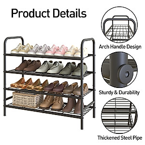 Huhote Metal Shoe Rack 4 Tiers Black Iron Mesh Freestanding Shoe Organizer Storage Shelf, Storage Rack Space Saving Shoe Stand Shoe Shelf Garage Shelving for Entryway, Hallway, Living Room,Closet