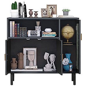 LAZZO Storage Cabinet Credenza Sideboard Buffet Cabinet with Glass Doors Free Standing Entry Coffee Bar Cabinet for Living Room, Hallway, Kitchen and Dining Room Grey