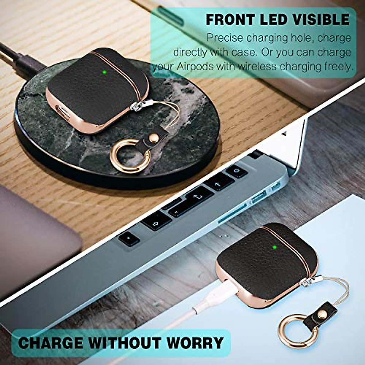 iHillon Compatible with Airpods 2 Case Cover, Genuine Leather TPU Full Protective Case with Keychain Compatible with Airpods 2 & 1 Support Wireless/Wired Charging (Front LED Visible) Black