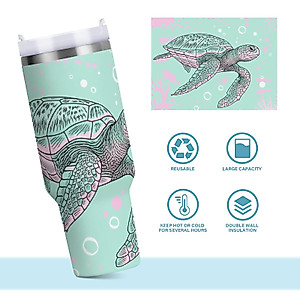 ODAWA 40 Oz Underwater Sea Turtle Insulated Cup with Lid and Straw, 2 in 1 Lid Insulated Stainless Steel Tumbler