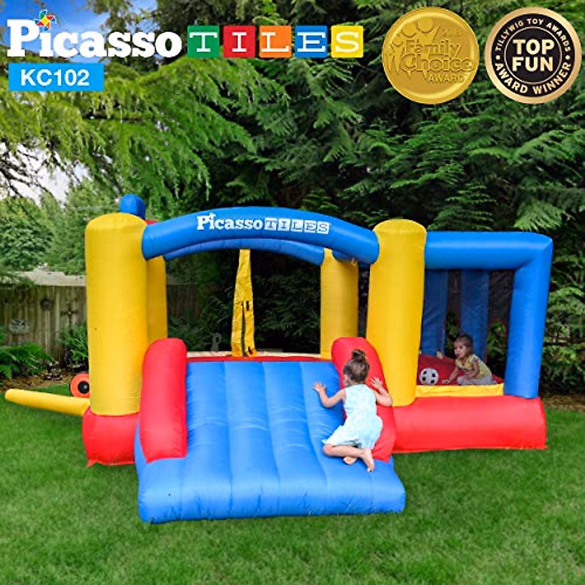 [Upgrade Version] PicassoTiles KC102 12x10 Foot Inflatable Bouncer Jumping Bouncing House, Jump Slide, Dunk Playhouse w/Basketball Rim, 4 Sports Balls, Full-Size Entry, 580W ETL Certified Blower