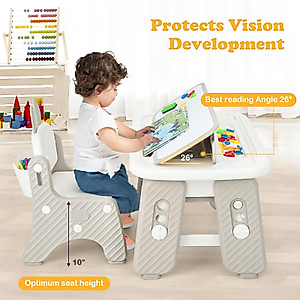 INFANS Kids Table and Chair Set, Activity Table with Magnetic Drawing Board 4 Gears Adjustable Height Bookshelf Watercolor Pens, Toddler Plastic Furniture Table for Playing Reading Eating