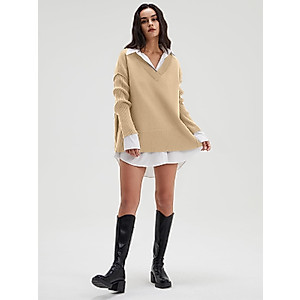 DEEP SELF Women's V Neck Oversized Sweaters 2024 Fall Winter Long Sleeve Split Hem Casual Asymmetric Tunic Pullover Sweater Knit Tops (Apricot, Small)